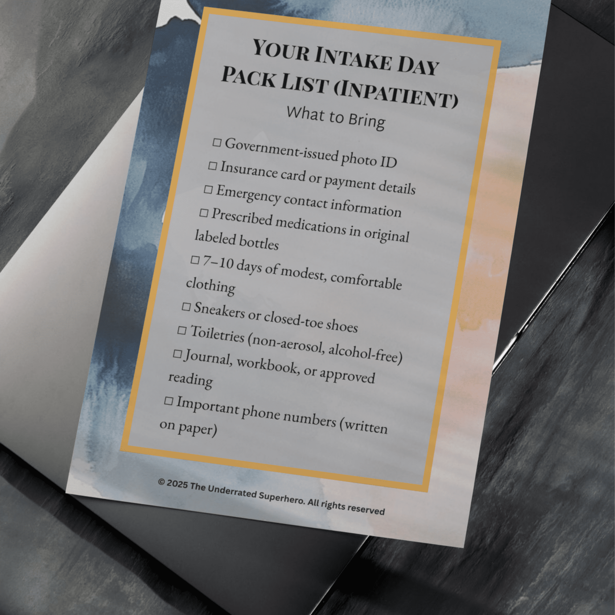 Checklist Intake Day Pack List (Inpatient) - The Underrated Superhero