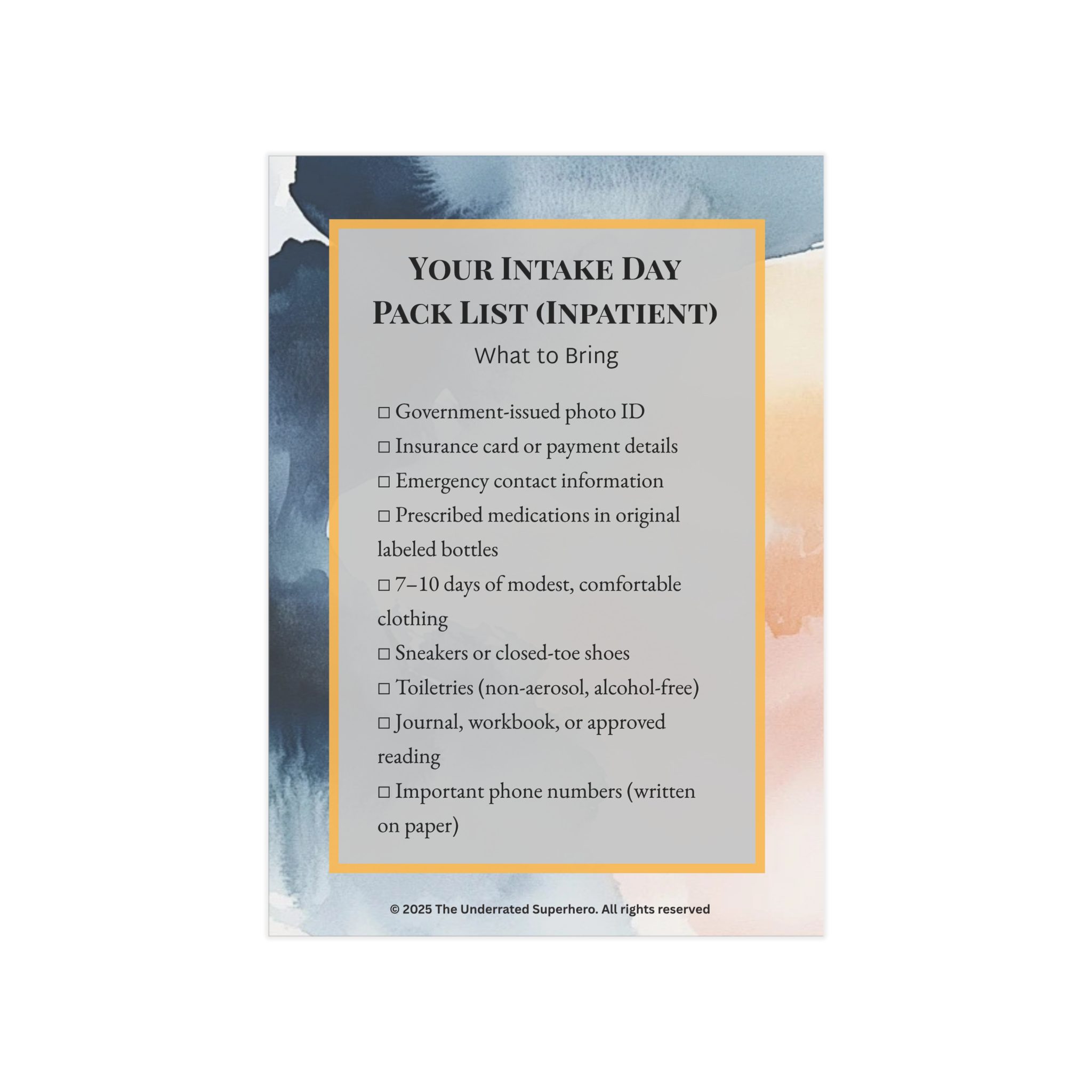 Checklist Intake Day Pack List (Inpatient) - The Underrated Superhero